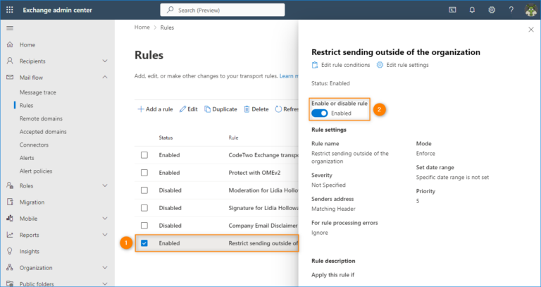 How to block outgoing emails with mail flow rules in Office 365