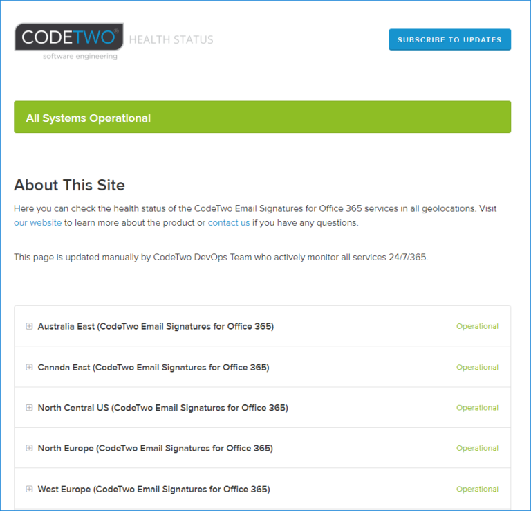 CodeTwo Email Signatures for Office 365 - new status page