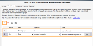 How to add a warning message to emails from external addresses?