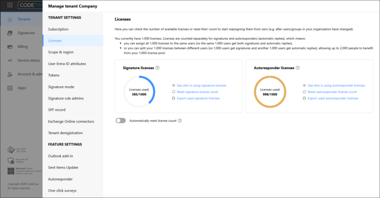 Improved license management in CodeTwo Email Signatures 365