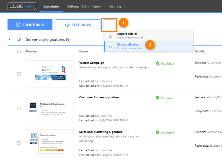 Import & export rules and email signatures in CodeTwo