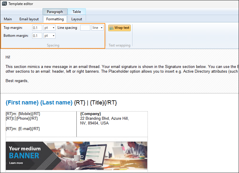 How to adjust line spacing in a signature template in CodeTwo software