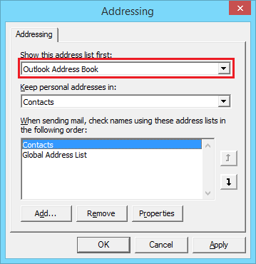 How to set Contacts from non-default folder as default address book