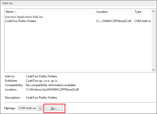 How to restore lost CodeTwo Public Folders' toolbar and menu in Outlook