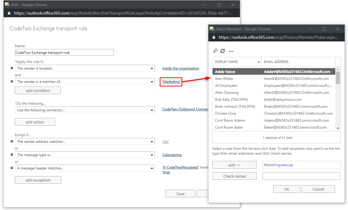 How to add multiple groups to CodeTwo transport rule in Office 365