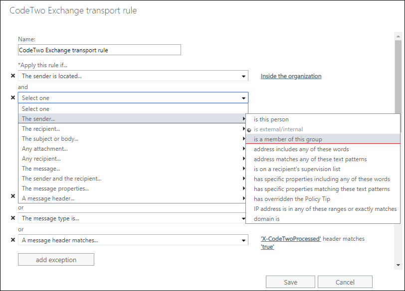 How to add multiple groups to CodeTwo transport rule in Office 365