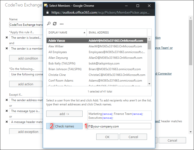 How to add multiple groups to CodeTwo transport rule in Office 365
