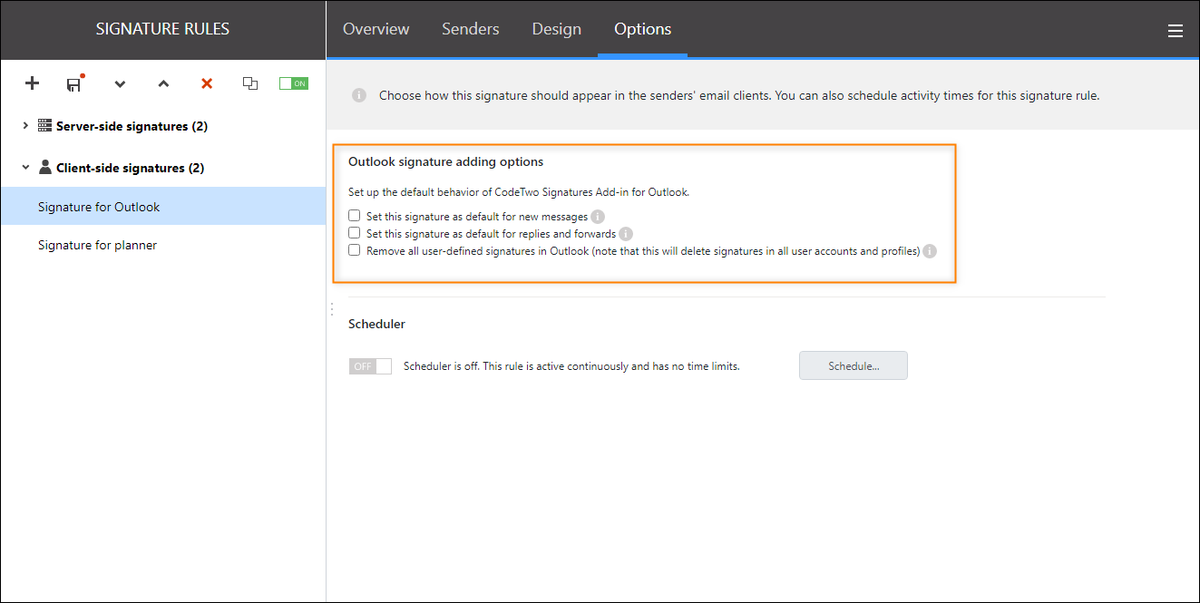 How CodeTwo client-side signature adding options affect Outlook’s default signature settings
