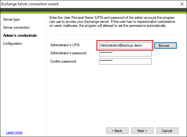 Creating data backup - Server connections - Connecting to Exchange Server | CodeTwo Backup User ...