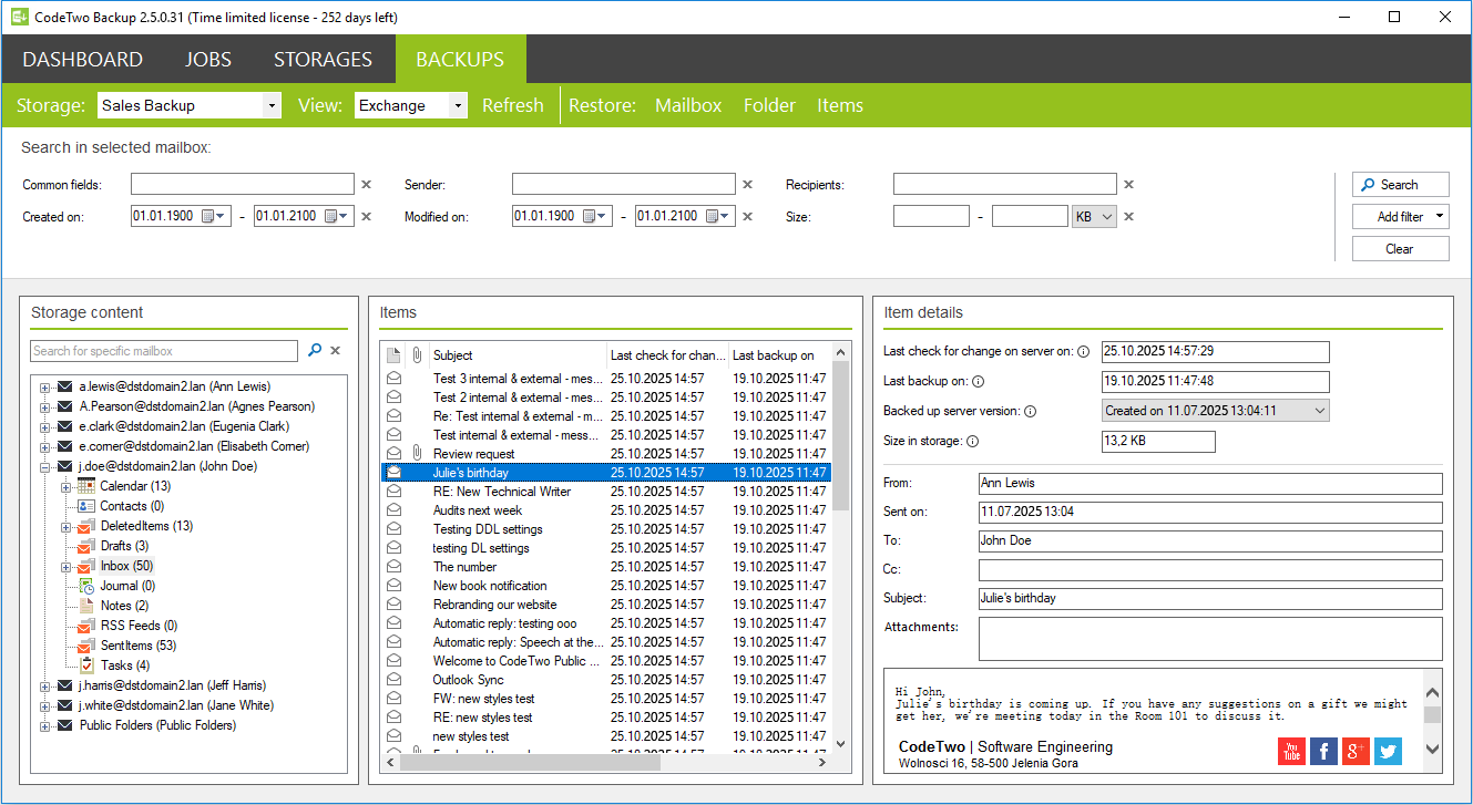 Screenshots - CodeTwo Backup for Office 365