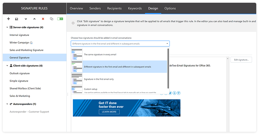 Different signatures for first and subsequent emails | CodeTwo