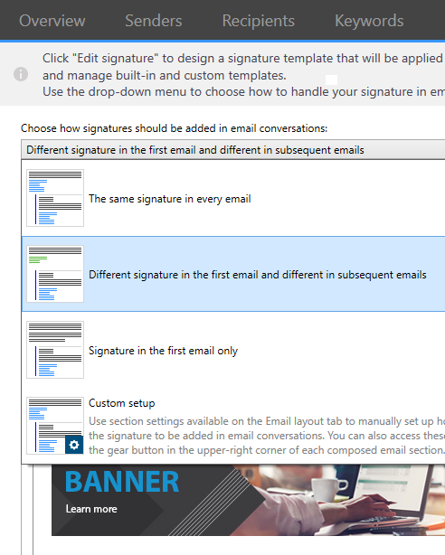 Different signatures for new emails and different for subsequent messages