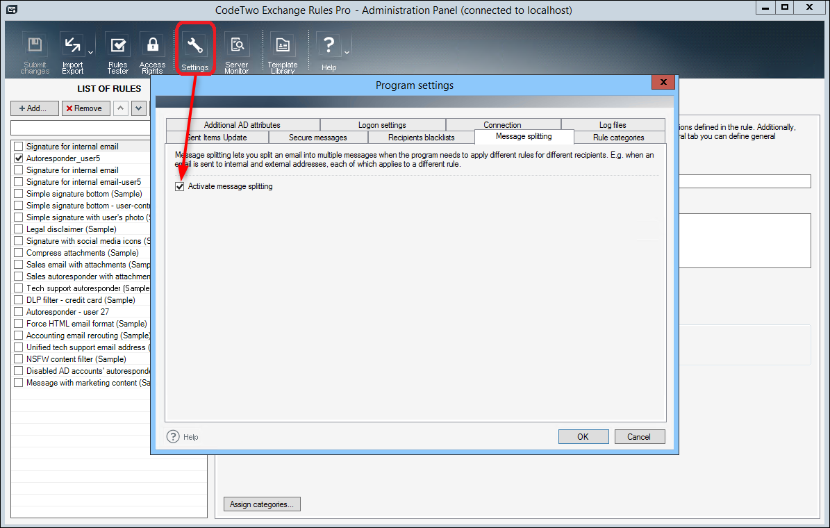 Settings and advanced features - Message splitting | CodeTwo Exchange Rules Pro User's manual