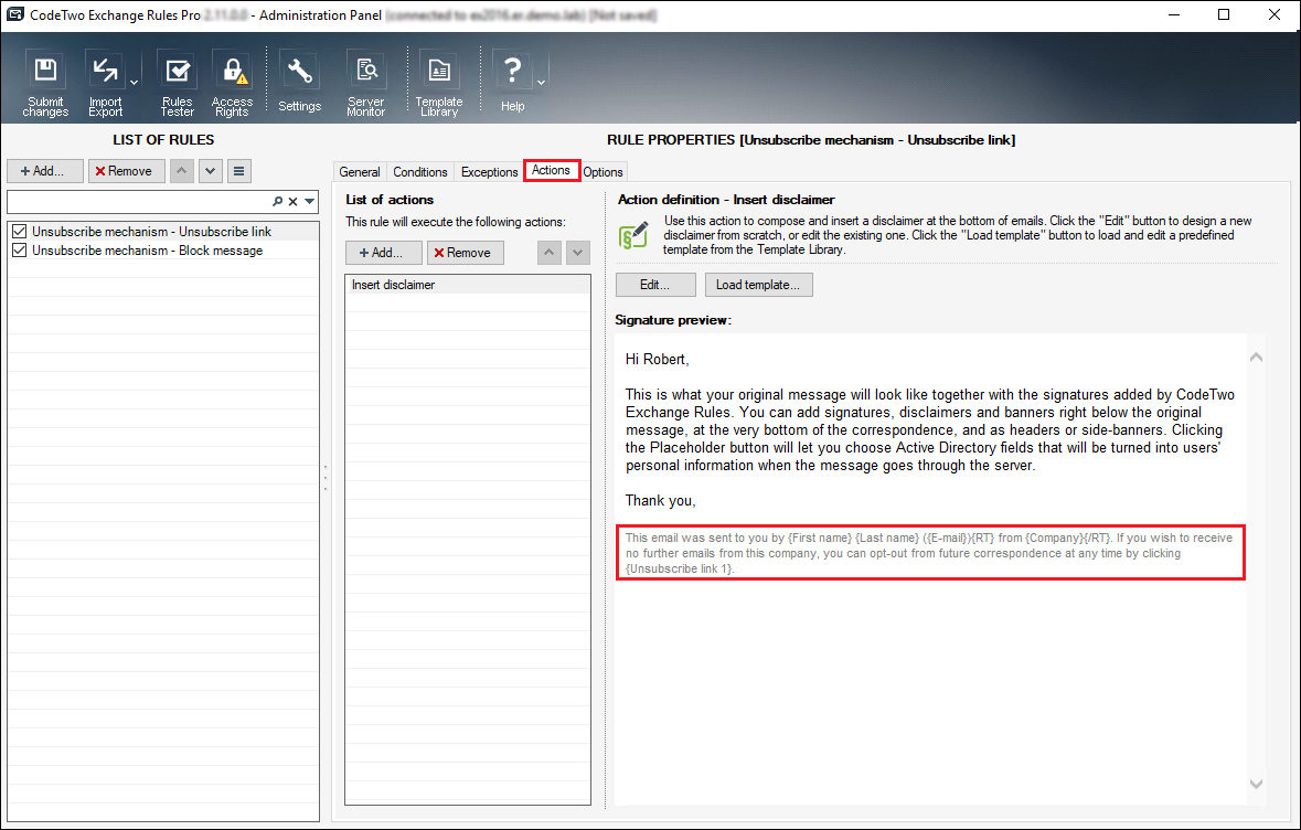 Settings and advanced features - Unsubscribe mechanism | CodeTwo ...