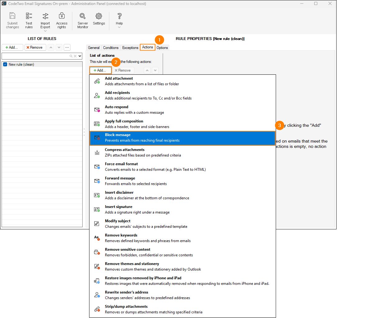 Configuration of rules - Actions - Block message | CodeTwo Email Signatures On-prem User's manual