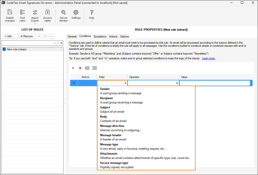 Configuration of rules - Conditions | CodeTwo Email Signatures On-prem ...