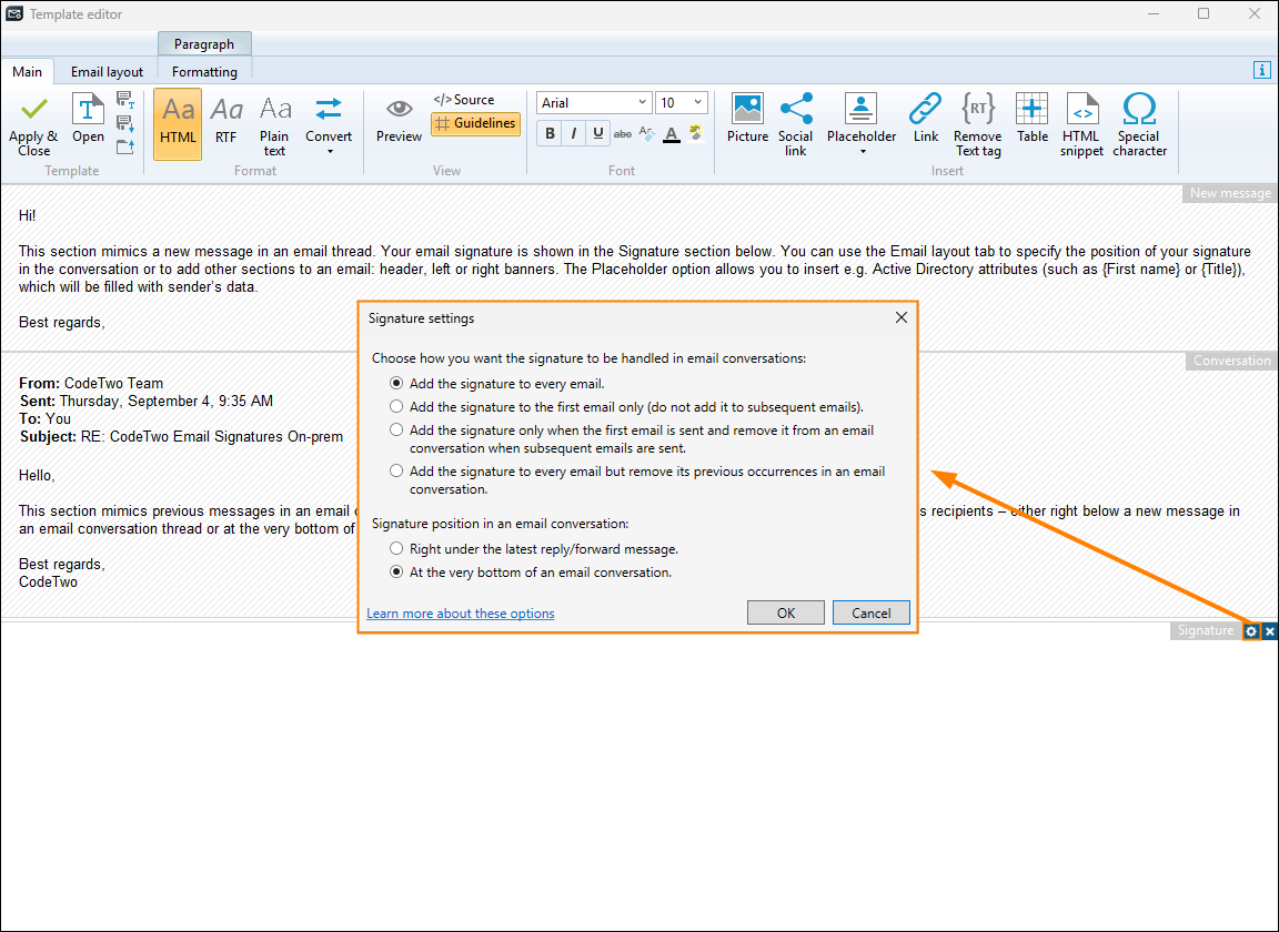 Configuration of rules - Actions - Insert disclaimer | CodeTwo Email Signatures On-prem User's ...