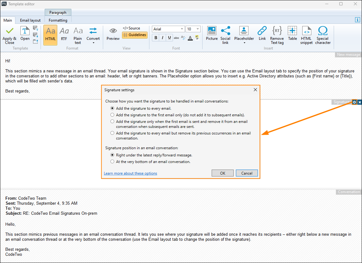 Configuration of rules - Actions - Insert signature | CodeTwo Email Signatures On-prem User's manual