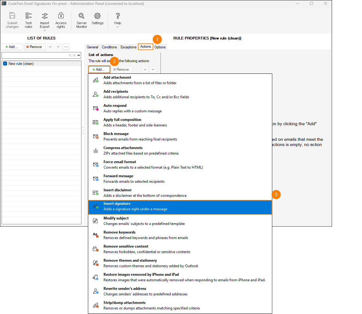 Configuration of rules - Actions - Insert signature | CodeTwo Email Signatures On-prem User's manual