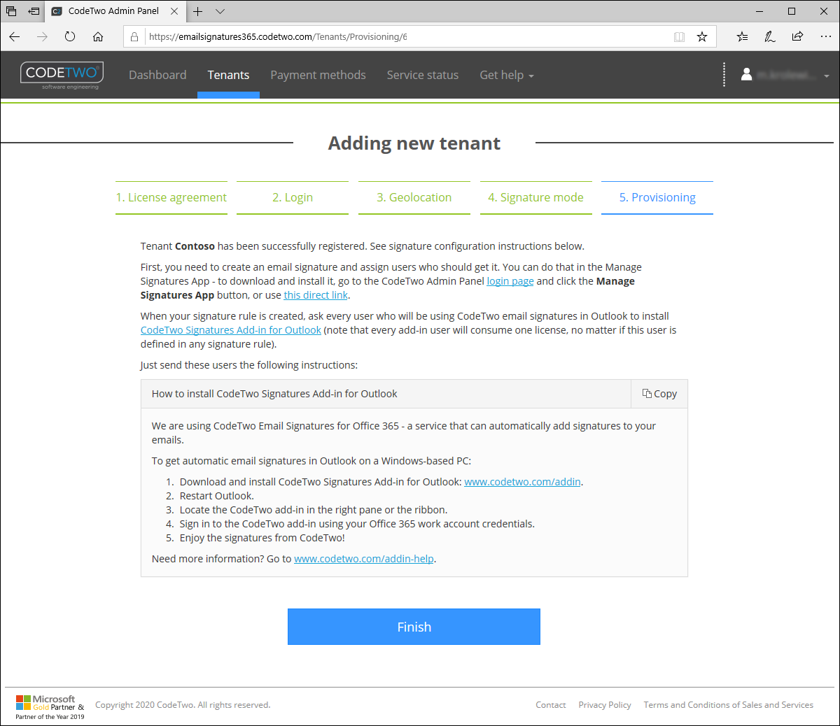 Installation and configuration - Registering a tenant | CodeTwo Email ...