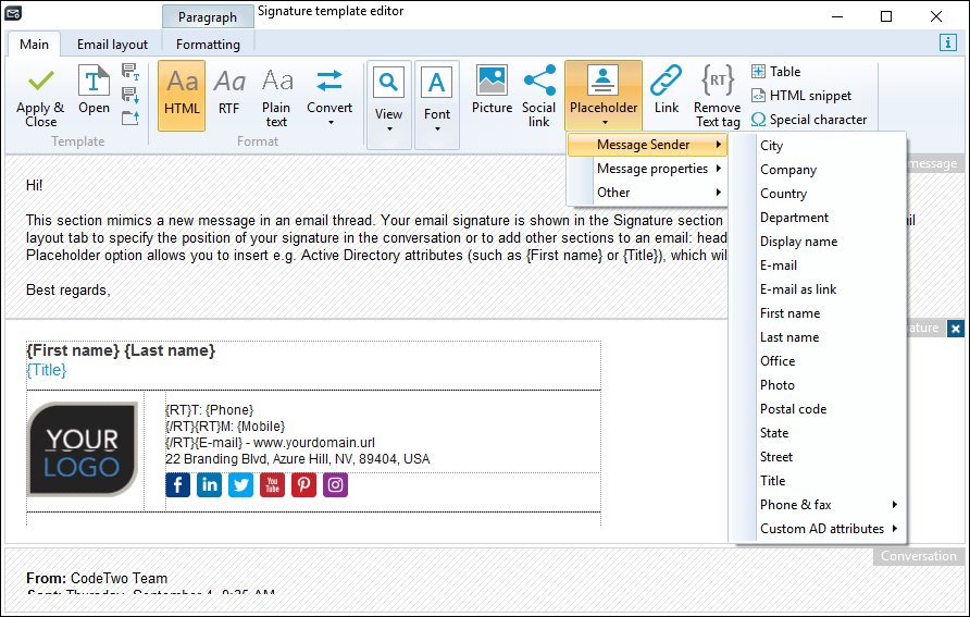 Tenant management - User AD attributes & Tokens | CodeTwo Email ...