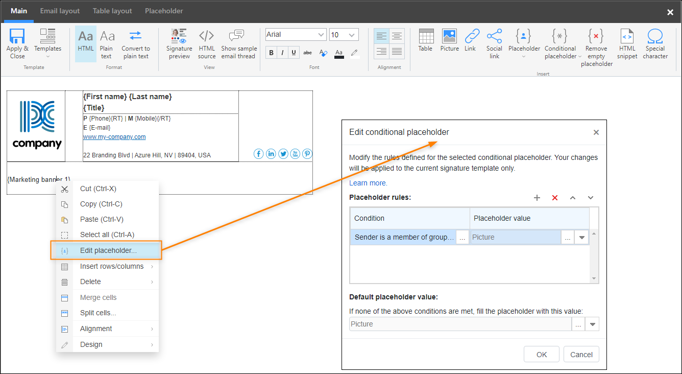 Manage signatures - Design your signature - Conditional placeholders ...