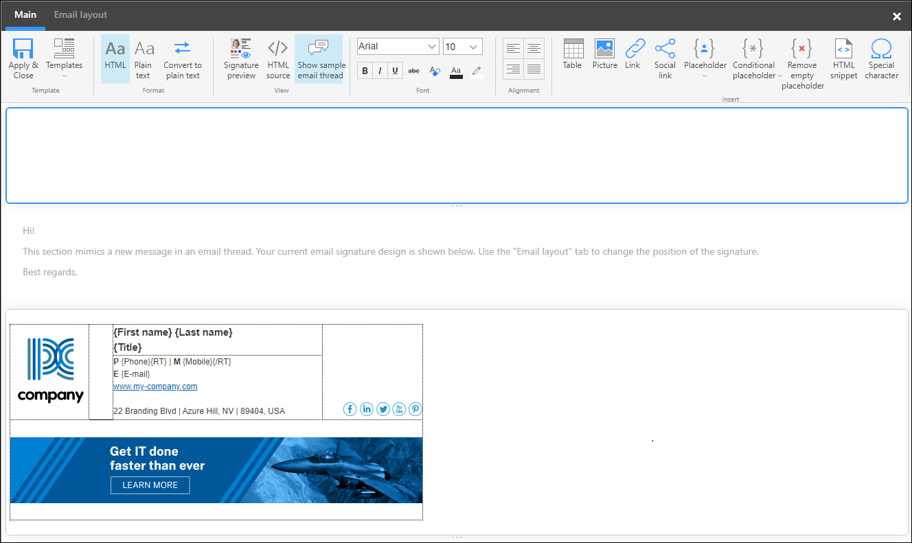 Manage signatures - Design your signature - Add other email sections (header, side banners) to ...