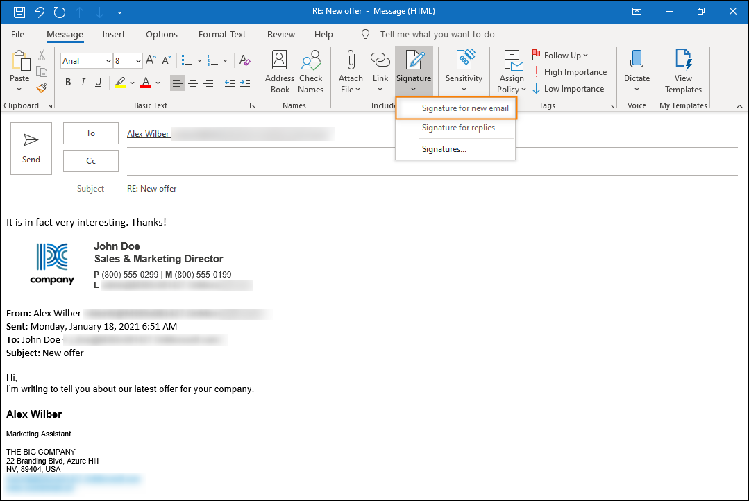 Examples of use - Add different signatures to first and subsequent emails | CodeTwo Email ...