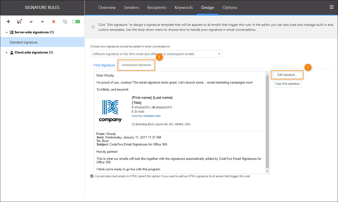Examples of use - Add different signatures to first and subsequent emails | CodeTwo Email ...