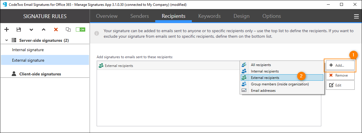 Examples of use - Add different signatures to internal and external ...
