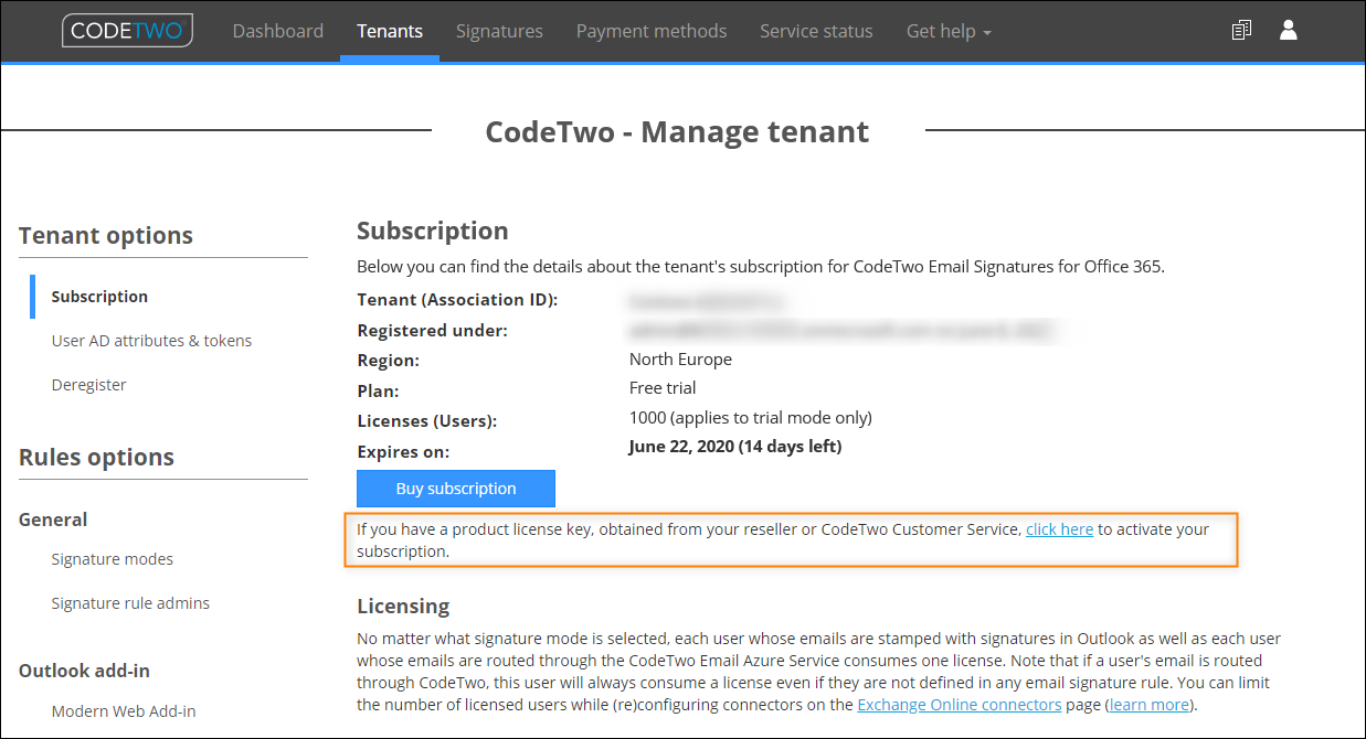 Licensing | CodeTwo Email Signatures for Office 365 User's manual
