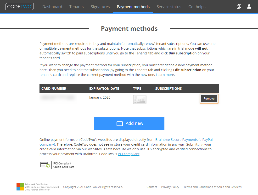 Manage admins & organization settings - Payment methods | CodeTwo Email ... Manage admins & organization settings - Payment methods | CodeTwo Email ...