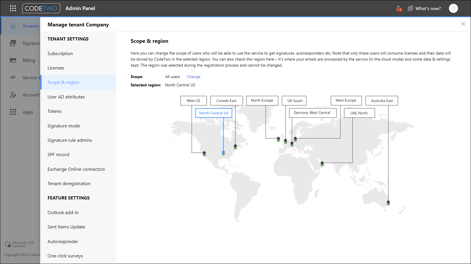 Tenant, admin & organization settings - Scope & region | CodeTwo Email ...