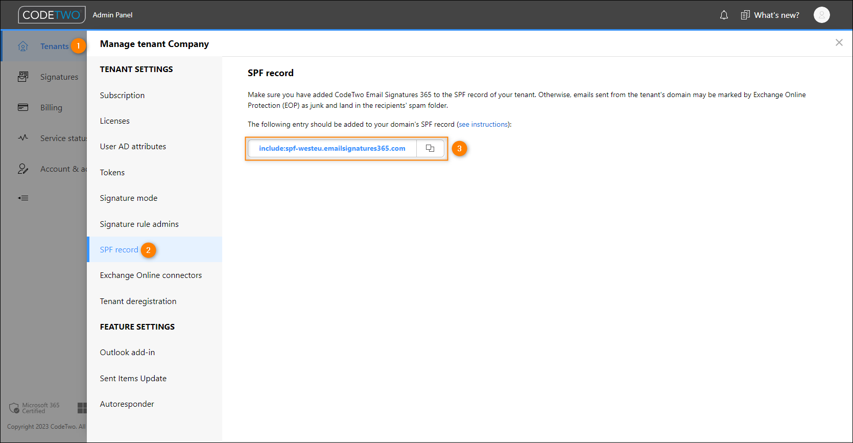 Tenant, admin & organization settings - SPF record | CodeTwo Email ...