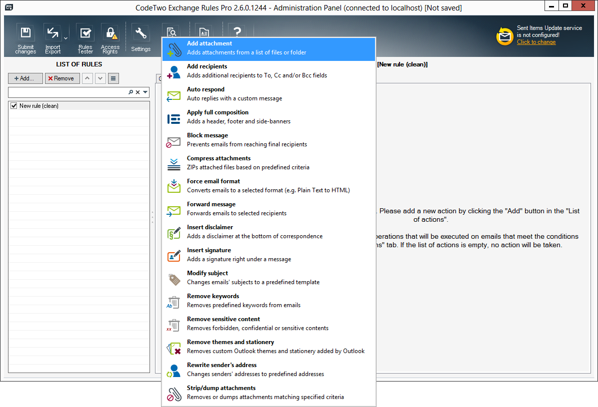 Configuration of rules - Actions - Add attachment | CodeTwo Exchange ...