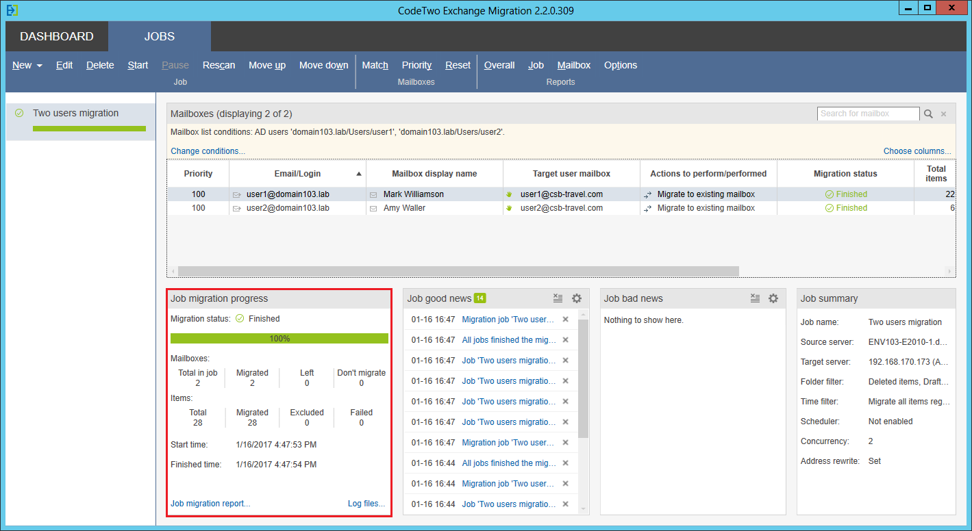 Monitoring and diagnostics - Dashboard and Jobs | CodeTwo Exchange Migration User's manual