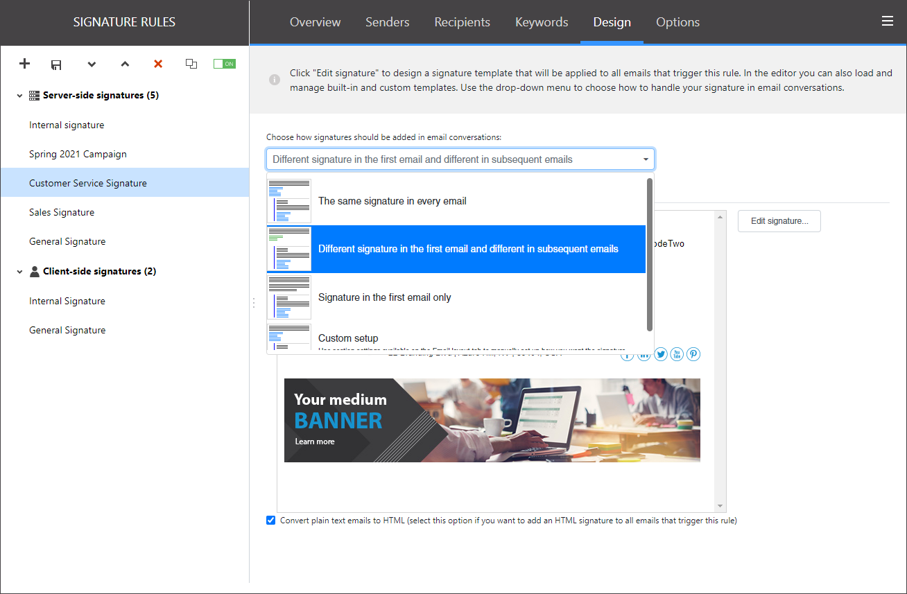Different signatures for new emails and different for subsequent messages