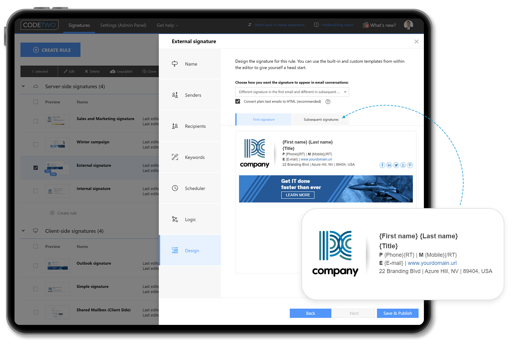 Different signatures for first and subsequent emails | CodeTwo