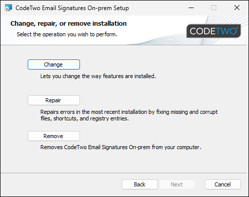 Installation - Installation process | CodeTwo Email Signatures On-prem User's manual