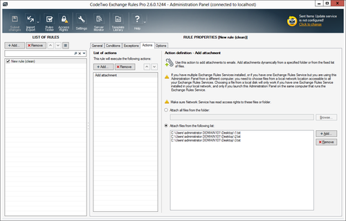 Configuration of rules - Actions - Add attachment | CodeTwo Exchange ...