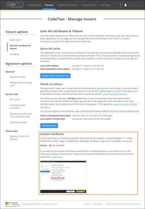 Tenant management - User AD attributes & Tokens | CodeTwo Email ...