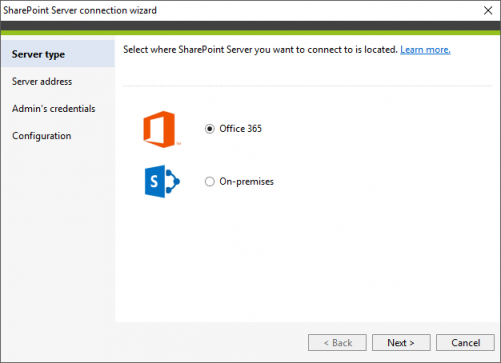 Creating data backup - Server connections - Connecting to SharePoint | CodeTwo Backup User's manual