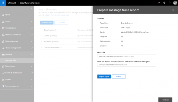 How to create an extended message trace report in Office 365