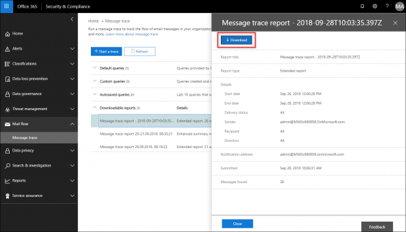 How to create an extended message trace report in Office 365