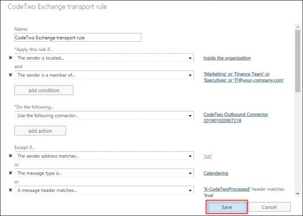 How to add multiple groups to CodeTwo transport rule in Office 365