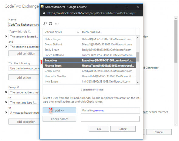 How to add multiple groups to CodeTwo transport rule in Office 365