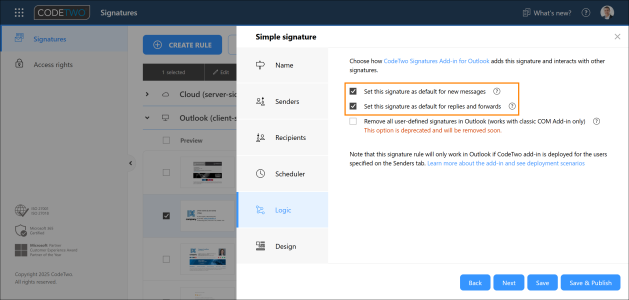 How CodeTwo Outlook add-in's signature adding options affect Outlook’s default signature settings