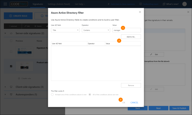 Email signatures - Set up conditions and exceptions | CodeTwo Email ...
