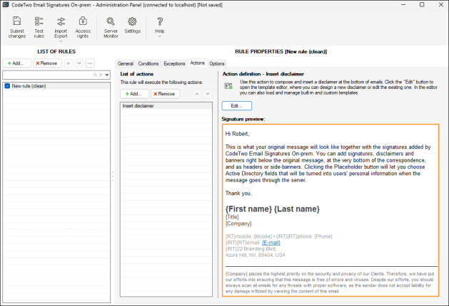 Configuration of rules - Actions - Insert disclaimer | CodeTwo Email Signatures On-prem User's ...