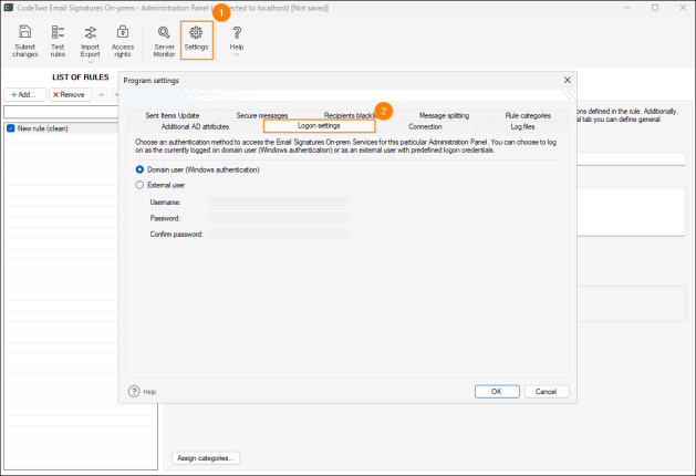 Settings and advanced features - Logon settings | CodeTwo Email Signatures On-prem User's manual